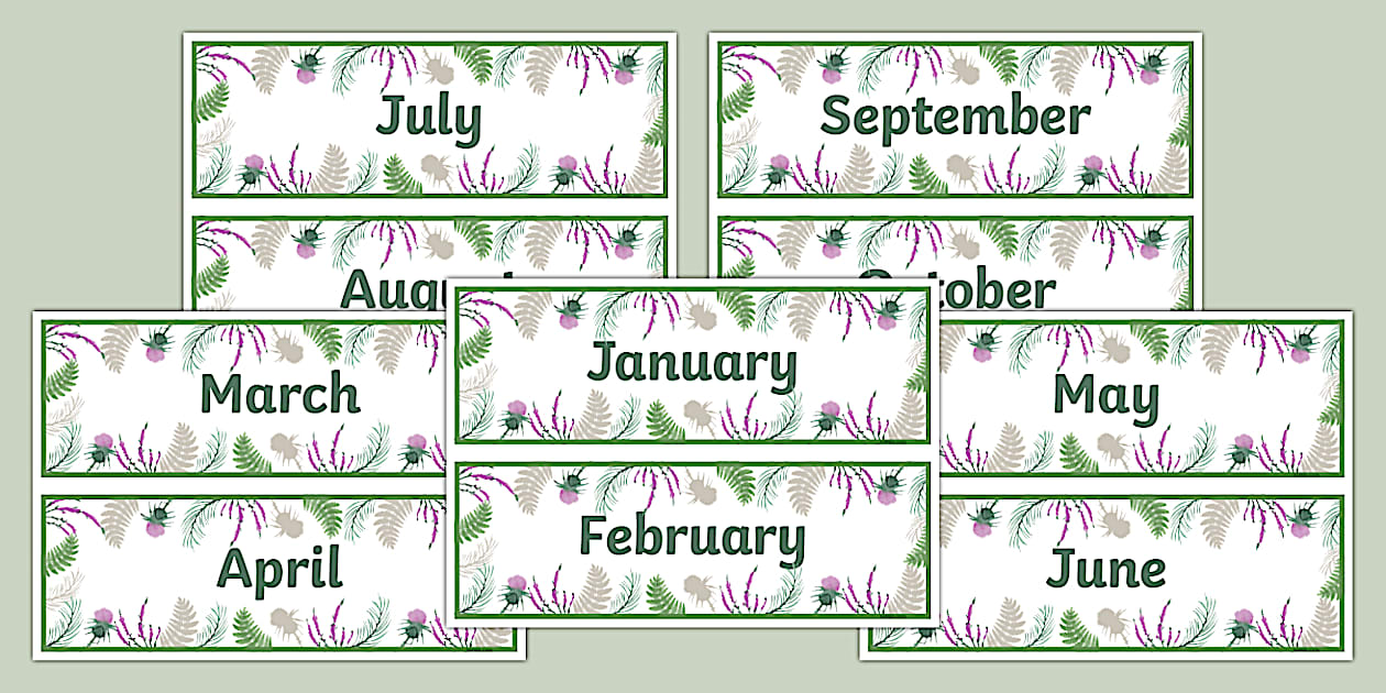 Scottish Botanical-Themed Months of the Year Display Cards
