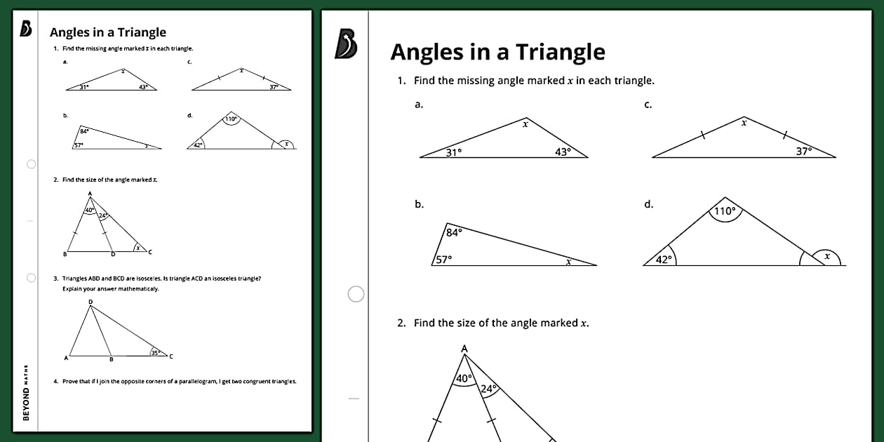 Angles in a Triangle Worksheet | KS3/KS4 Maths | Beyond