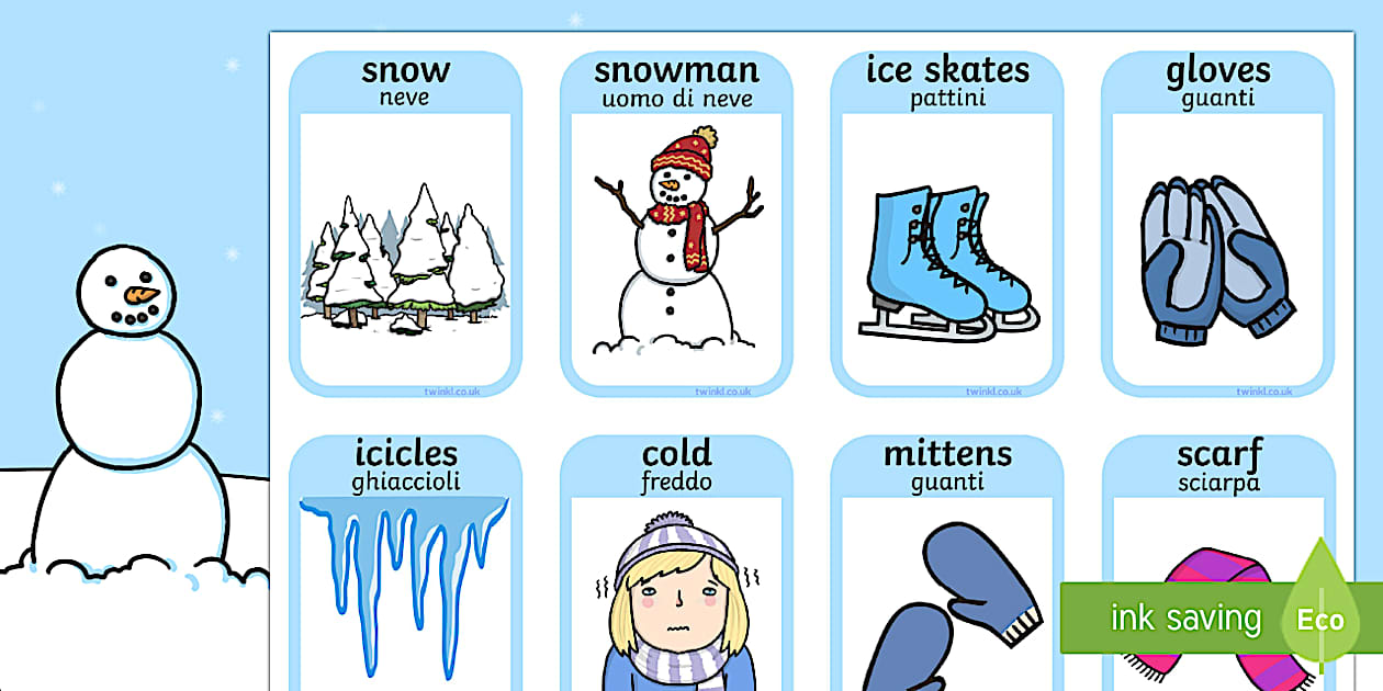 Winter Words and Pictures Flashcards English/Italian - Winter Words and