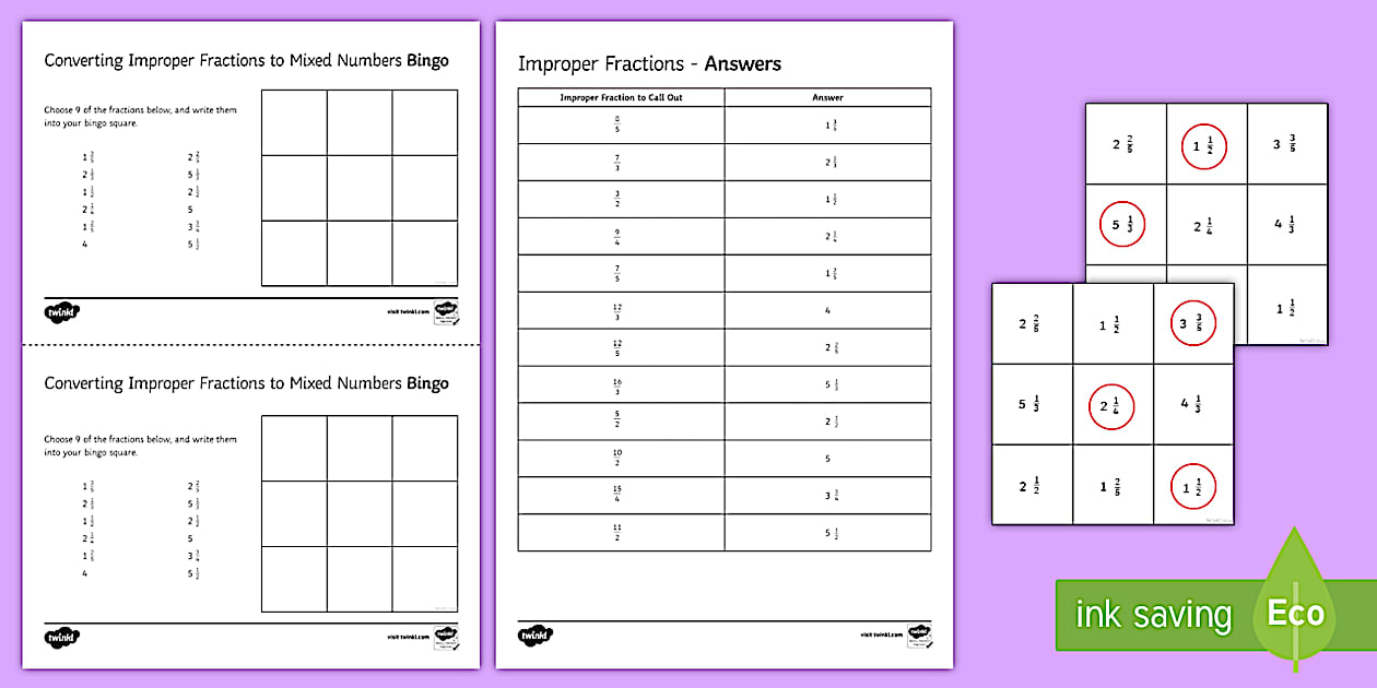 Converting Improper Fractions to Mixed Numbers Bingo Game