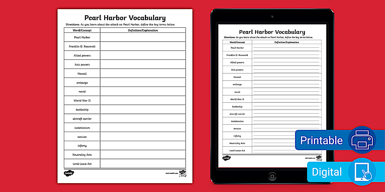 Pearl Harbor Vocabulary Worksheet for 6th-8th Grade - Twinkl