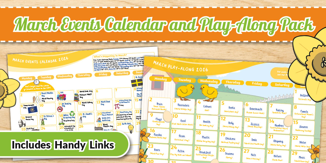 March Events Calendar and Play-Along Pack (2026) - Twinkl