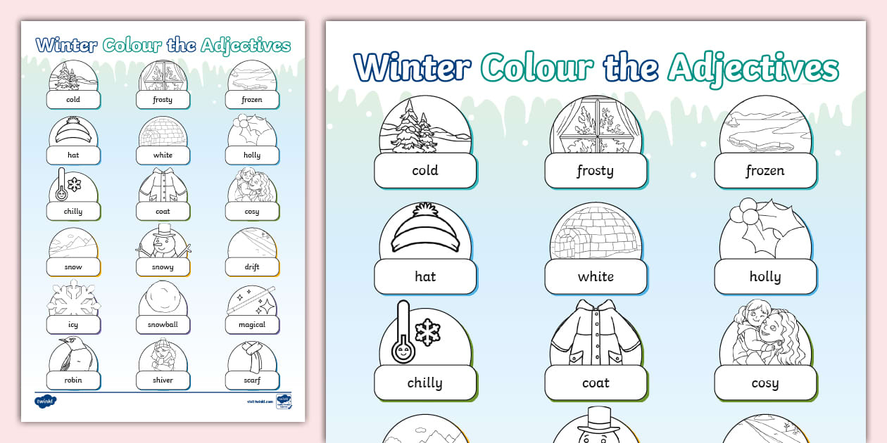 Winter Colour the Adjectives Activity - Twinkl - KS1