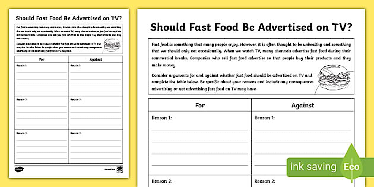 Should Fast Food be Advertised on TV? For and Against Activity