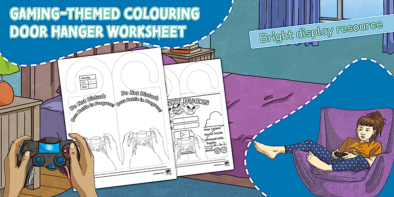 Gaming-Themed Colouring Door Hanger Worksheet