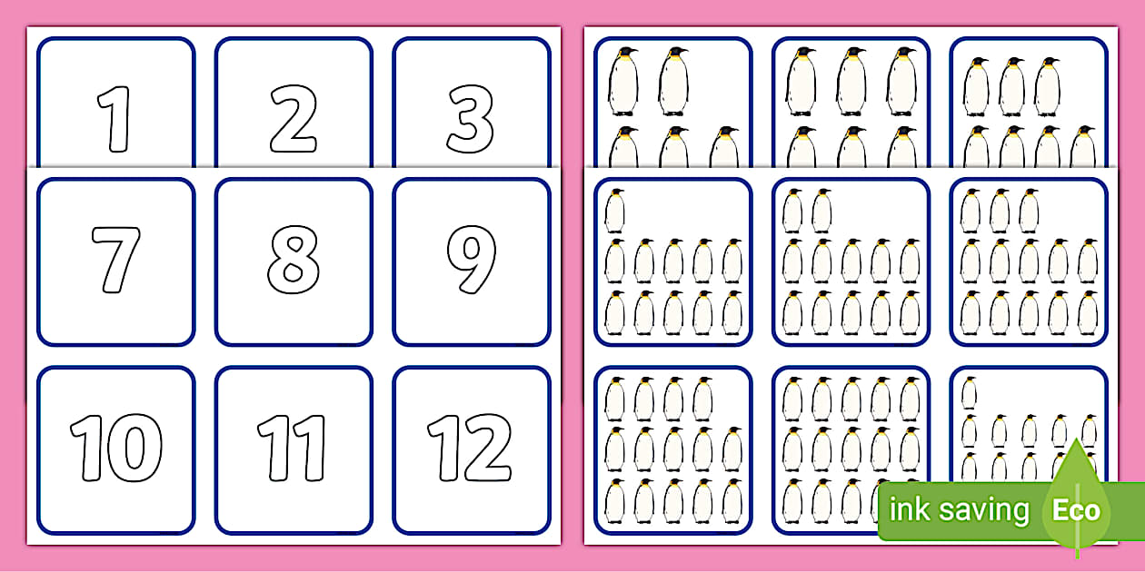 Penguin Themed 1-20 Number and Quantity Matching Cards Worksheet ...