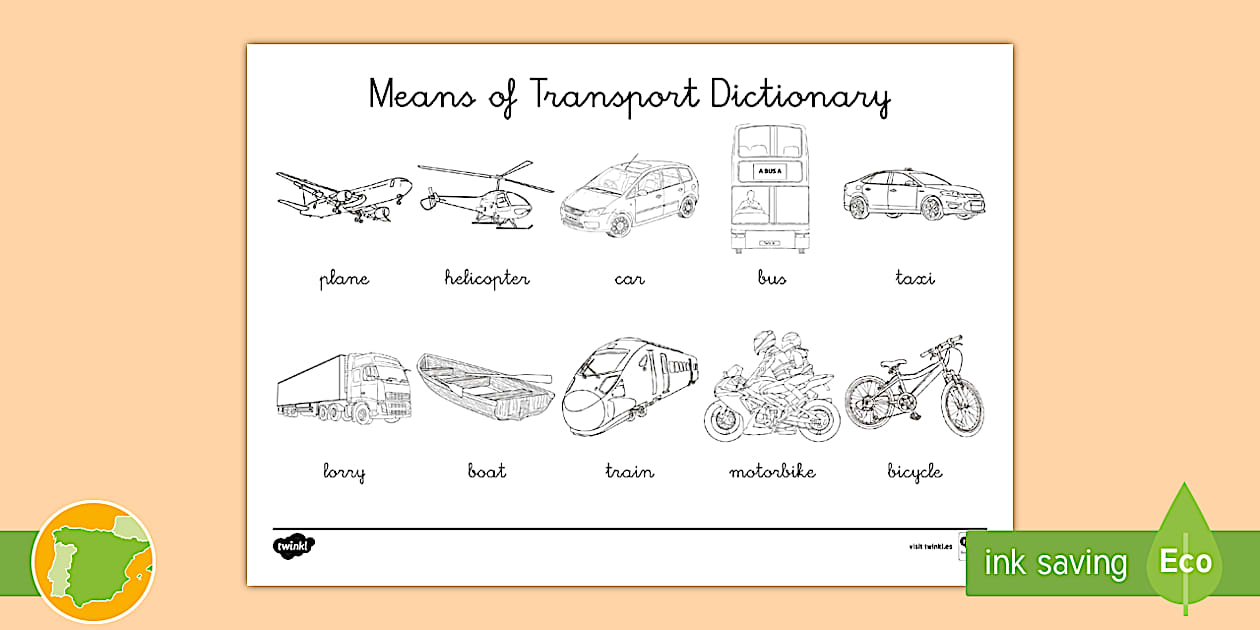 A1 Diccionario para colorear: Medios de transporte en inglés