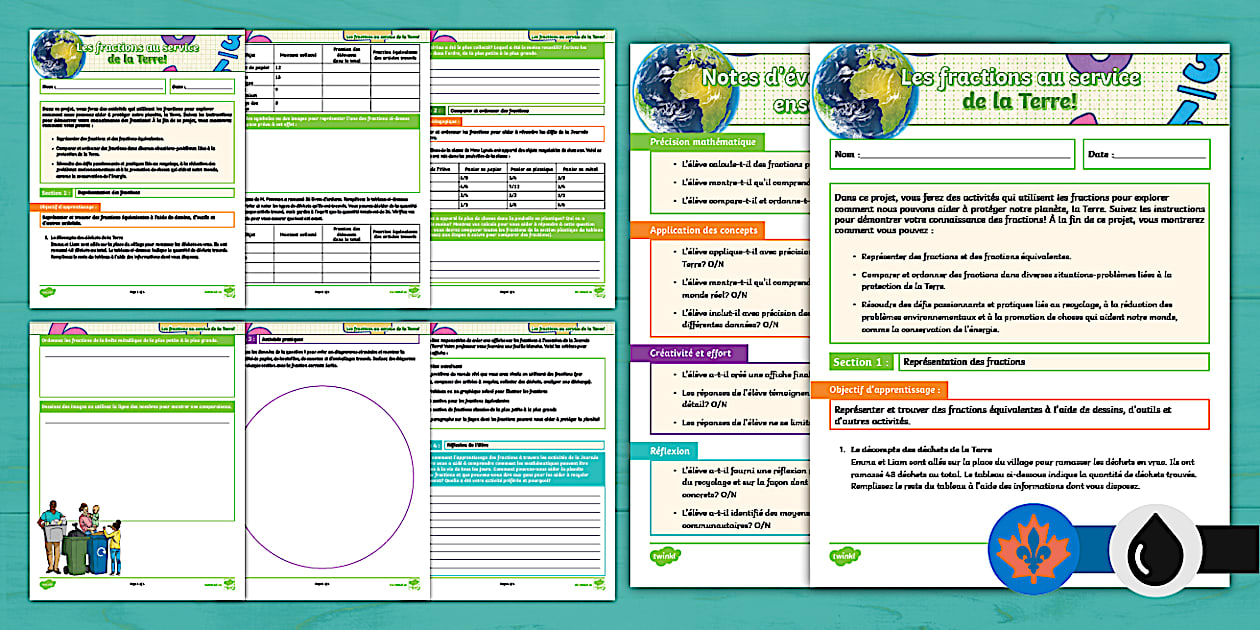 Earth Day Grade 5 Fractions Project French (teacher made)
