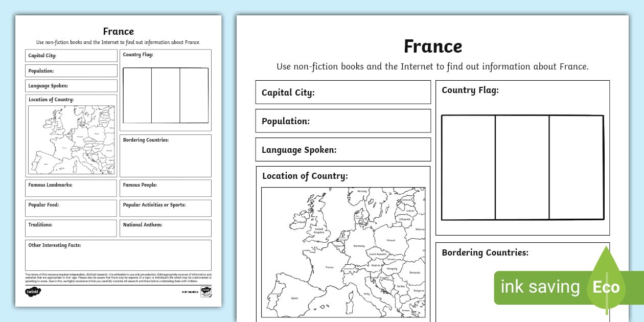 Cursive France Fact File Writing Template (teacher made)