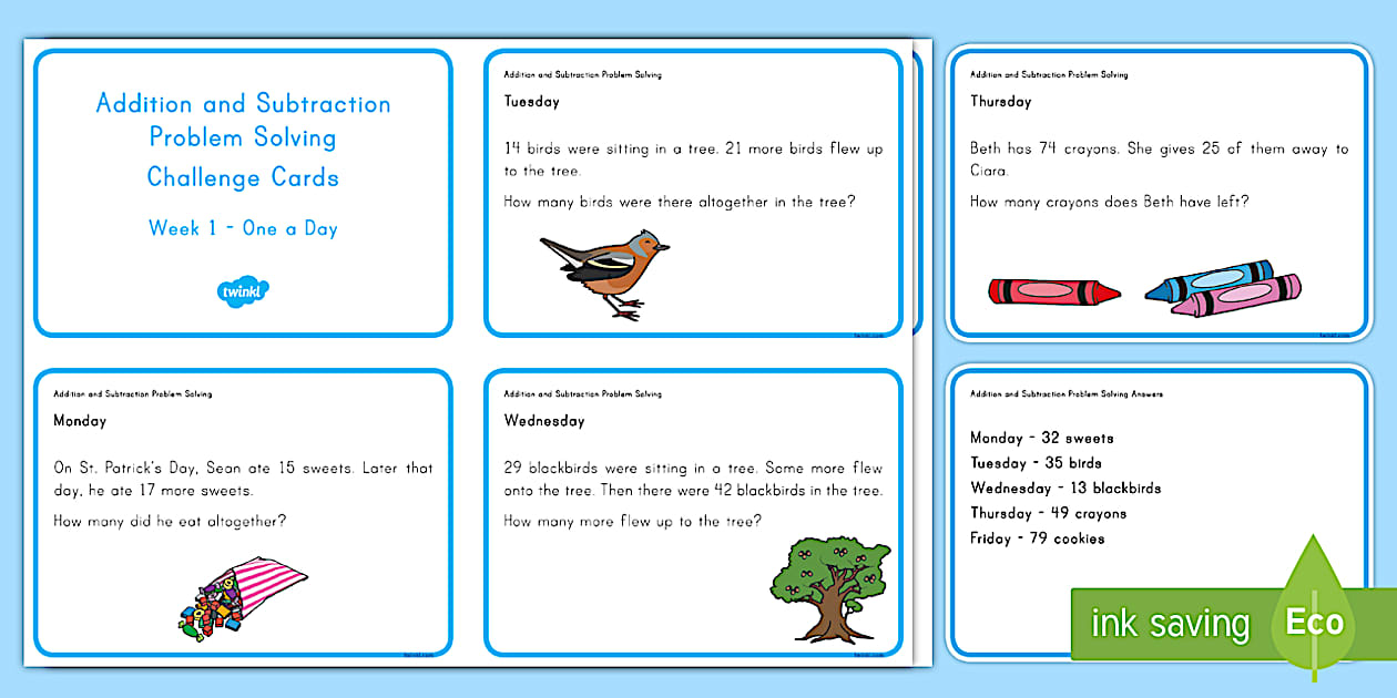 Addition and Subtraction Word Problem Challenge Cards for 1st-2nd Grade
