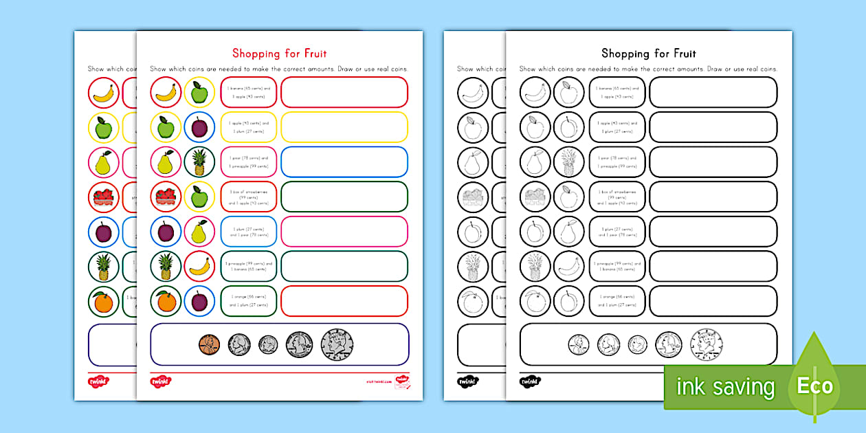 Shopping for Fruit Using Coins Math Worksheet for 1st-2nd Grade