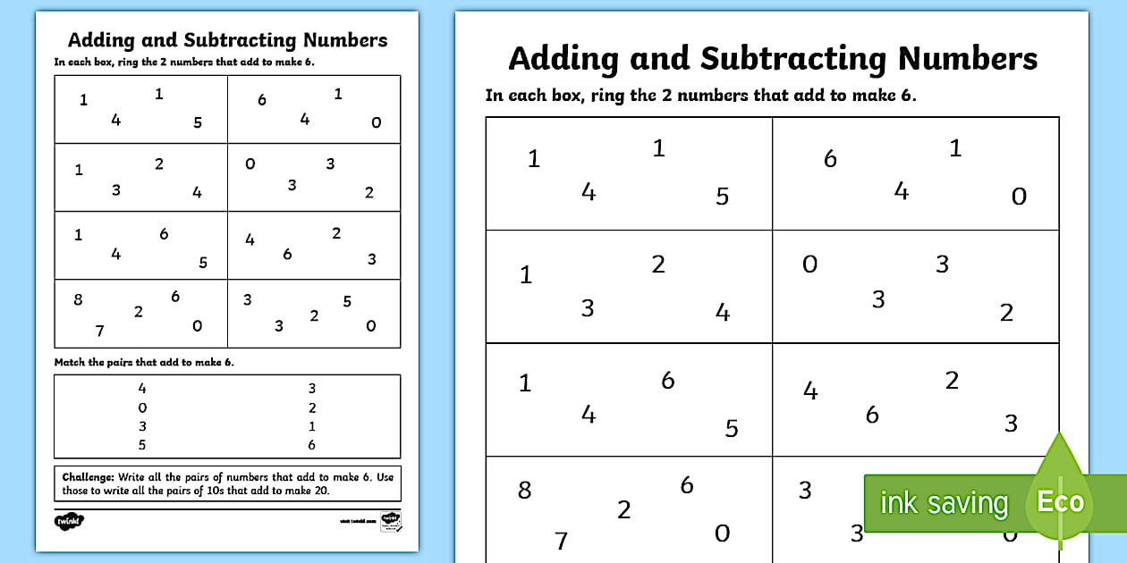 Number Facts to 20 Find Pairs to 6 Worksheet (teacher made)