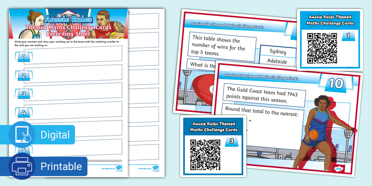 Aussie Rules Themed Maths Challenge Cards with QR Codes
