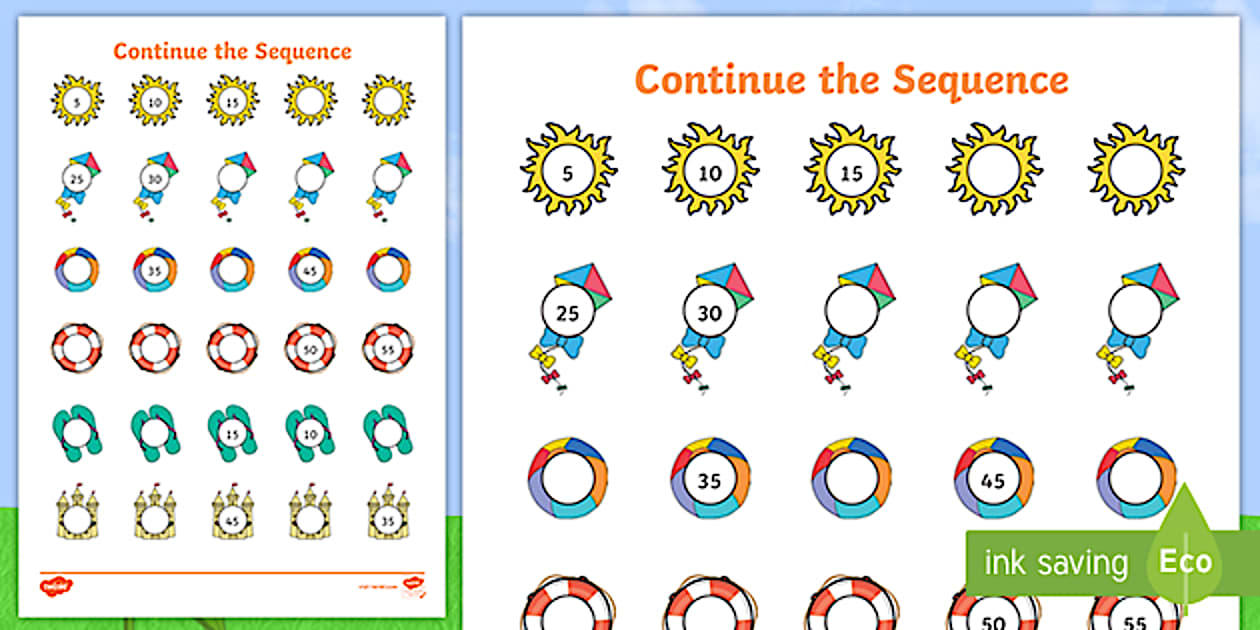 Summer-Themed Counting in Fives Number Sequence Worksheet