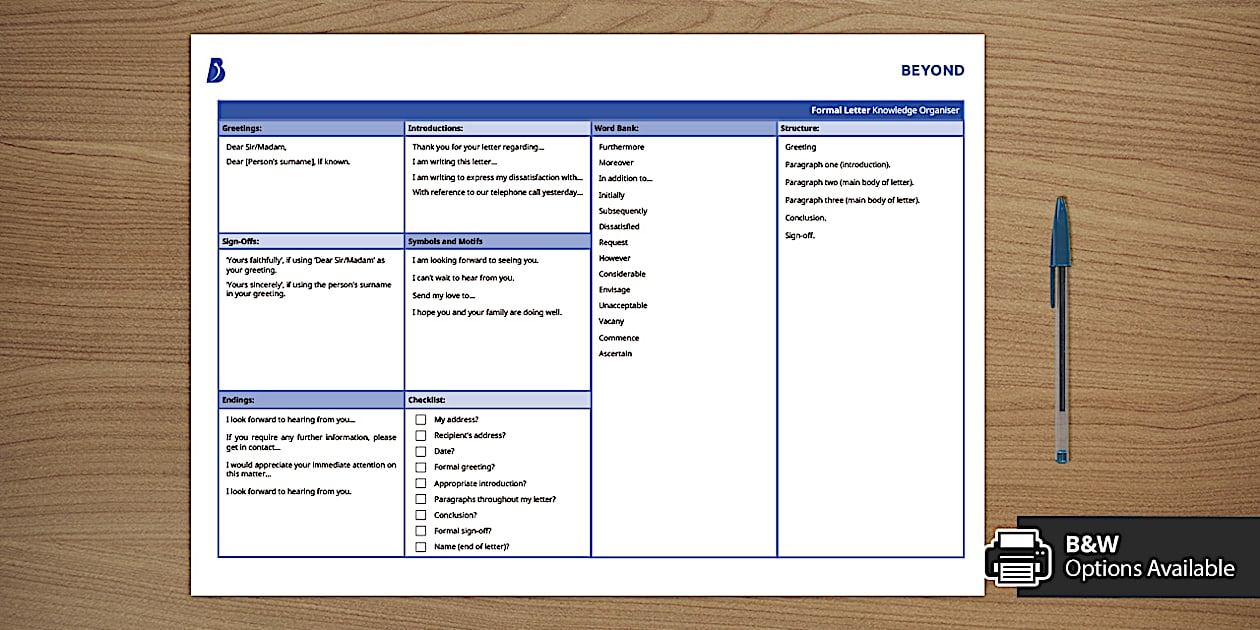 Formal Letter Knowledge Organizer (Teacher-Made) - Twinkl