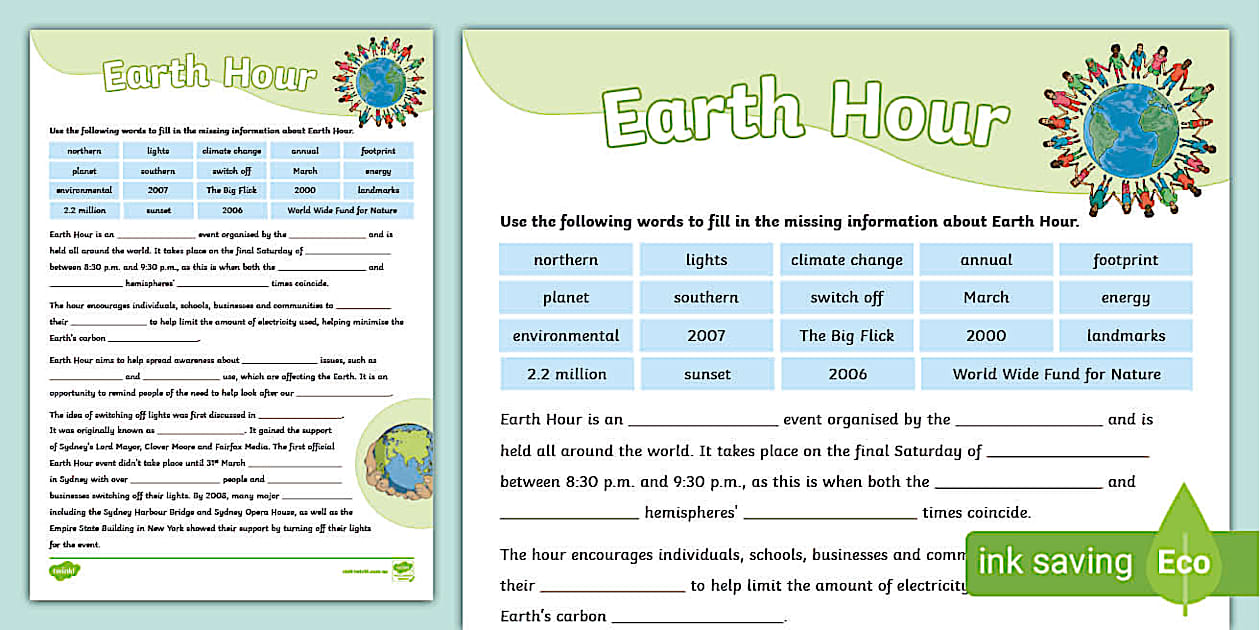 Earth Hour Cloze Passage (teacher made) - Twinkl