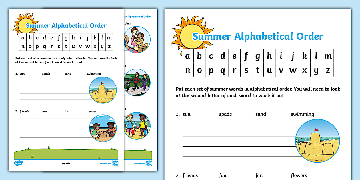 Summer Alphabetical Order by Second Letter Activity Sheet