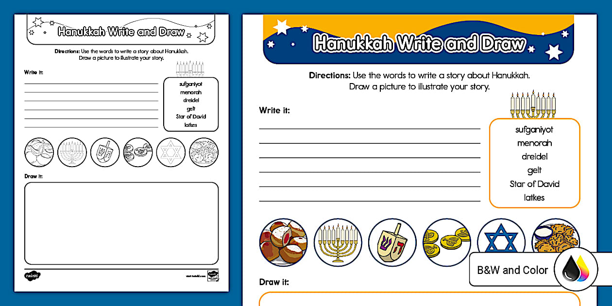 First Grade Hanukkah Write and Draw Worksheet (teacher made)