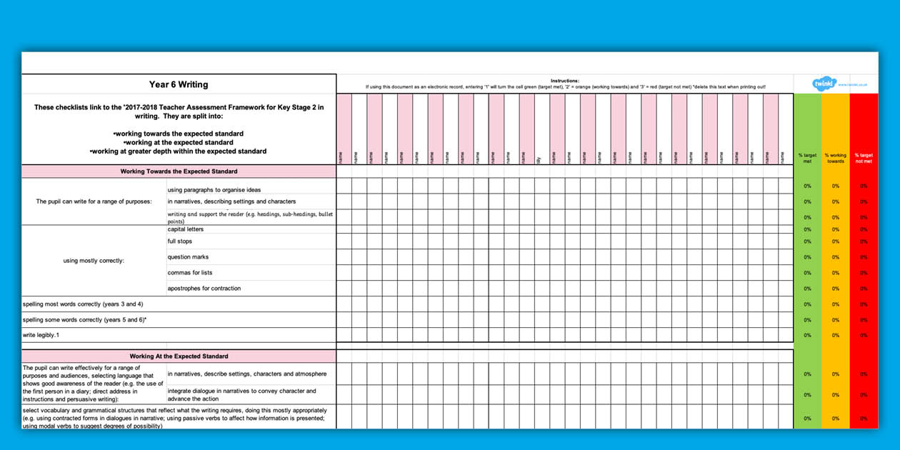 Year 6 Writing Assessment Tracker Spreadsheet