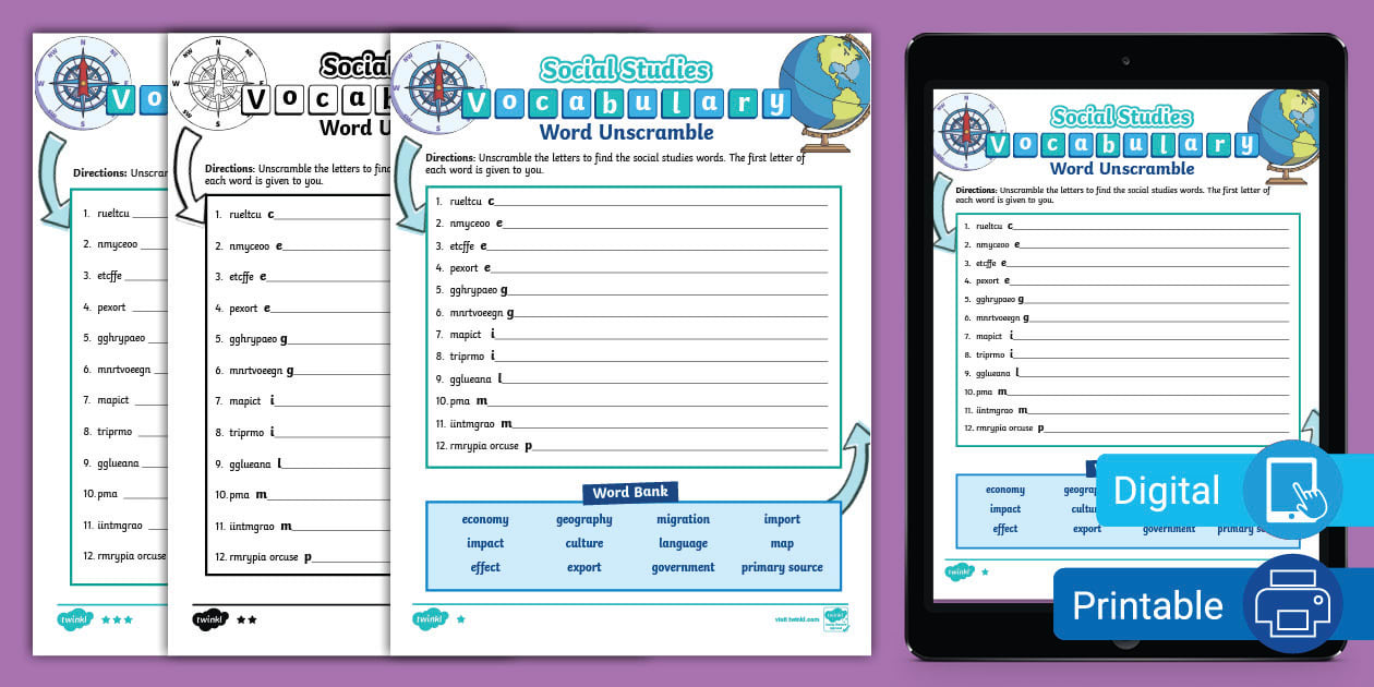 Tier 3 Social Studies Vocabulary Word Unscramble - Twinkl