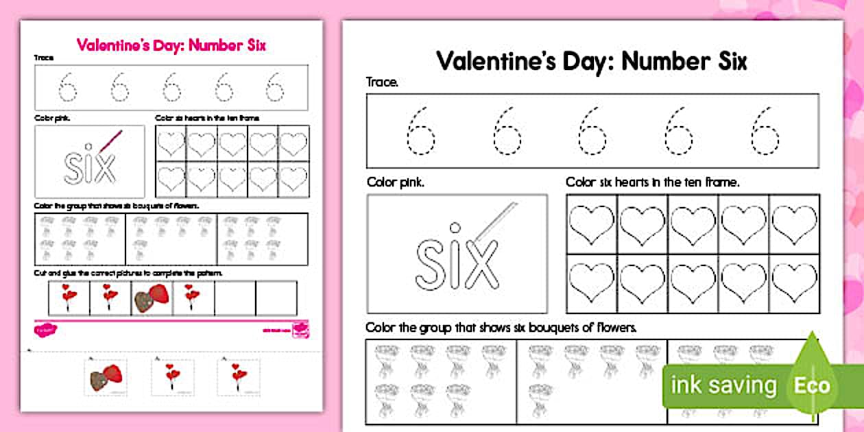 Valentine’s Day Number Six Worksheet for Kids | Twinkl