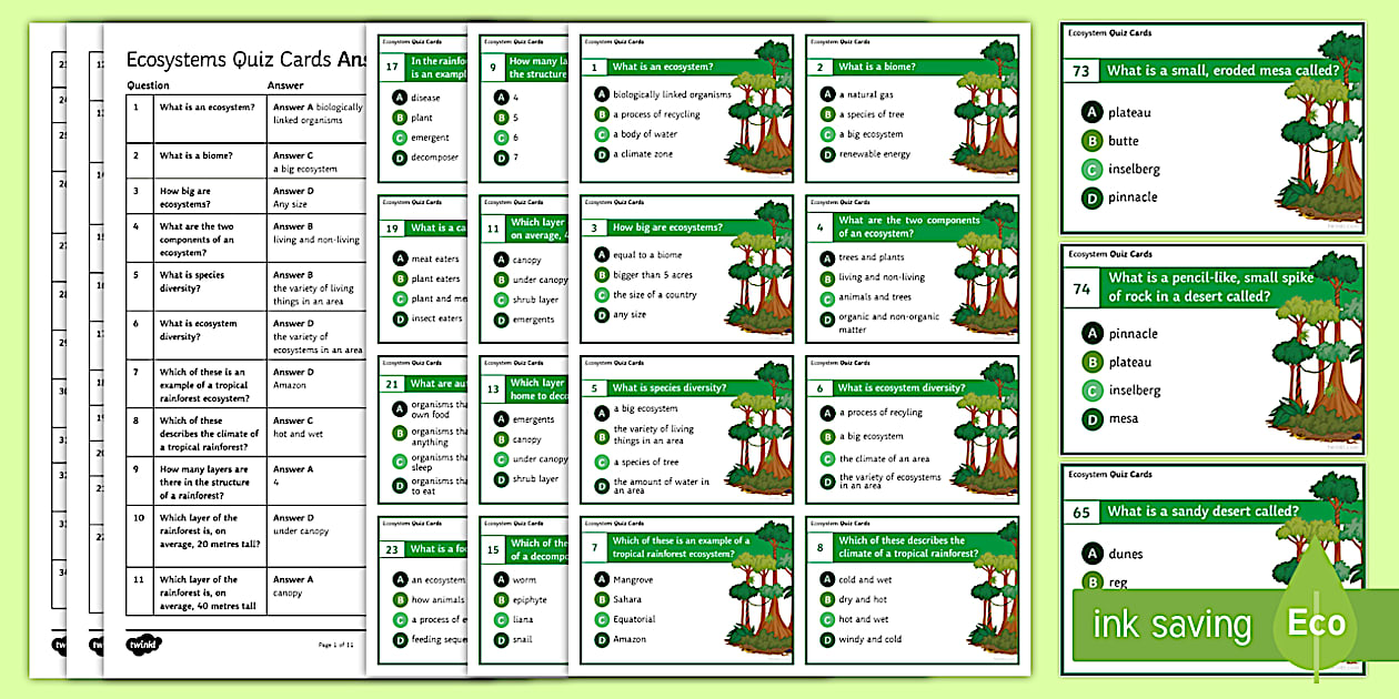 Ecosystems - 120 Multiple Choice Quiz Cards (teacher made)