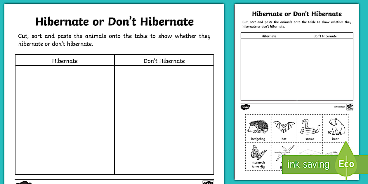 Editable Animal Hibernation Sorting Worksheet (teacher made)