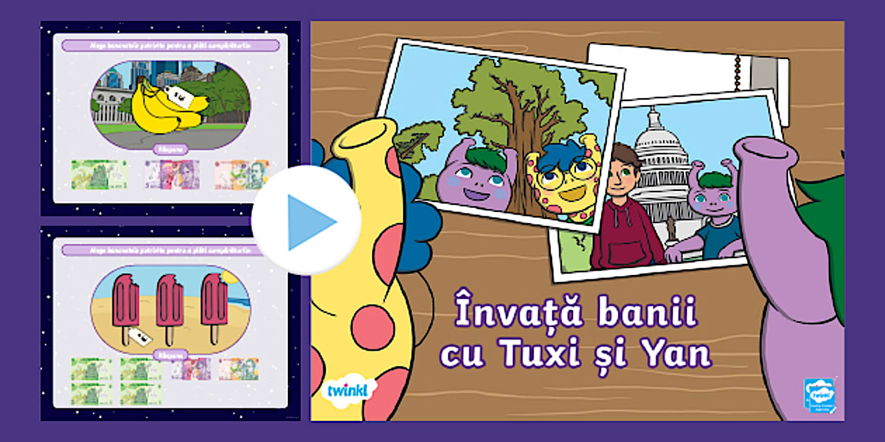 Învață banii cu Tuxi și Yan – Joc matematic PowerPoint