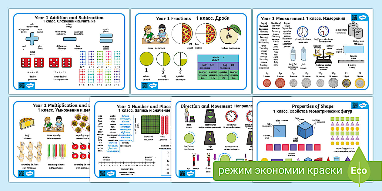 Year 1 Maths Vocabulary Word Mats Russian English - Twinkl