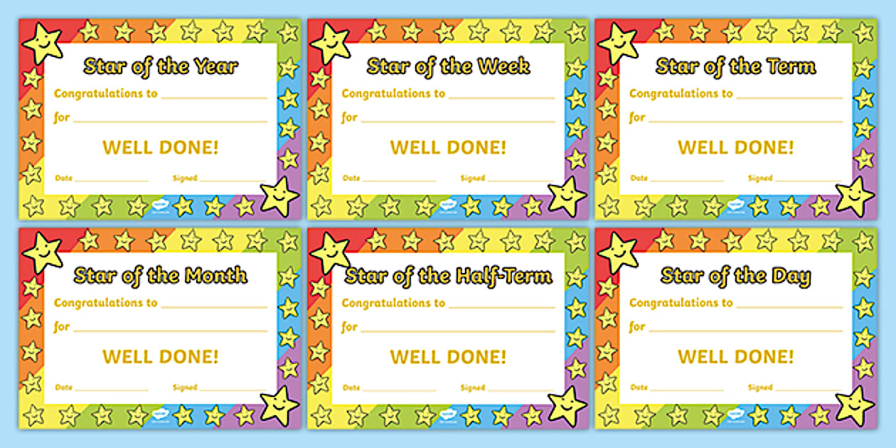 Editable Star of the Week Award Certificate for Good Behavior