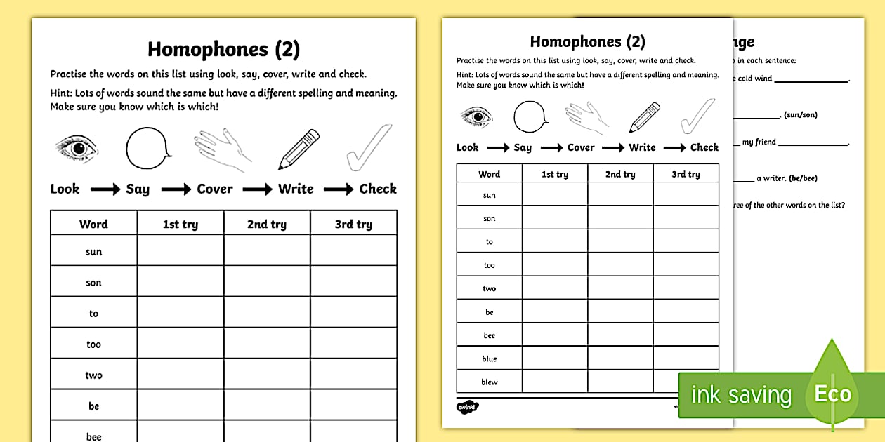 Editable Year 2 Spelling Practice Homophones (2) Homework Worksheet