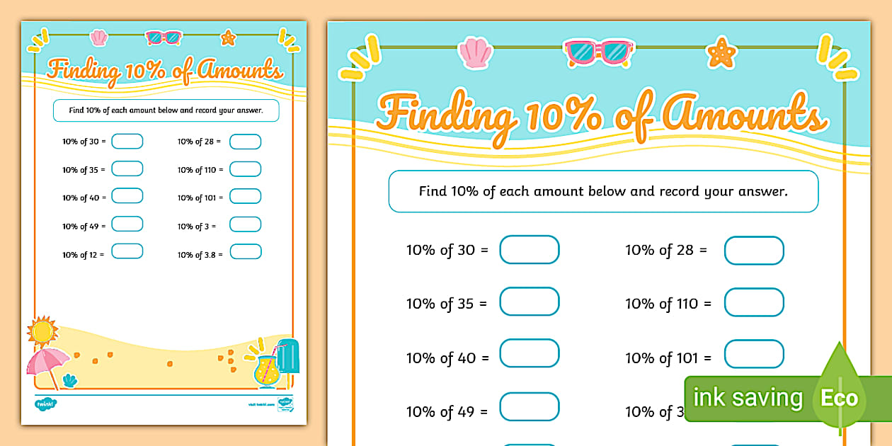👉 Finding 10% of Amounts Worksheet (teacher made)