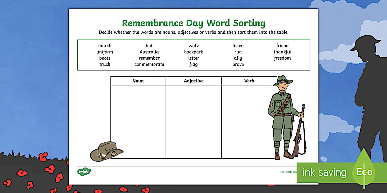Remembrance Day Word Sort Worksheet (teacher made) - Twinkl