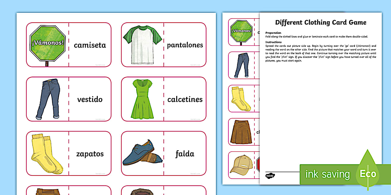 Different Clothing Card Game - English / Spanish - Inglés
