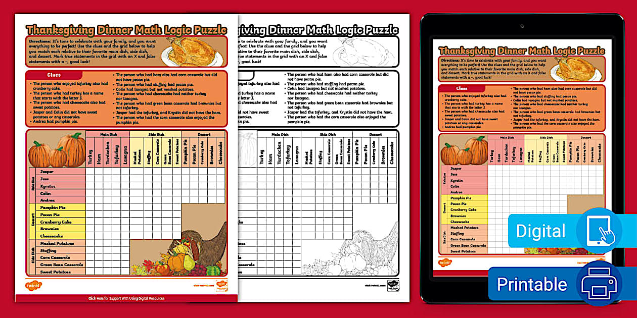 Thanksgiving Logic Puzzle for Grades 6-8 | Twinkl USA