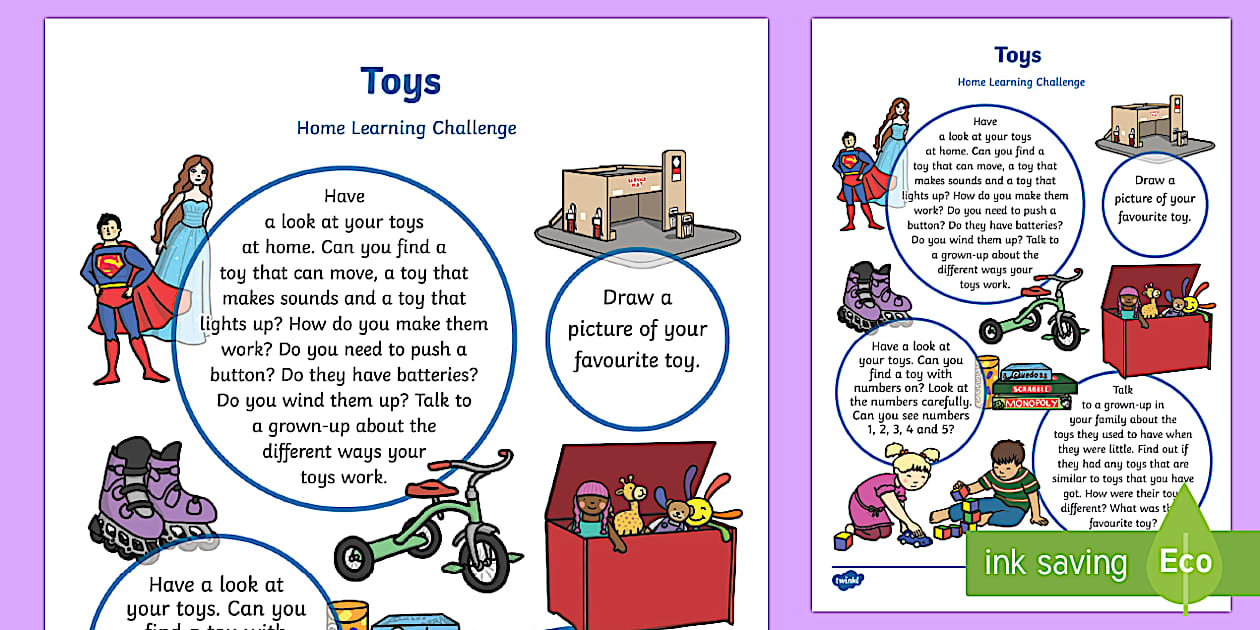 Toys Home Learning Challenges Sheet Nursery FS1 - Twinkl