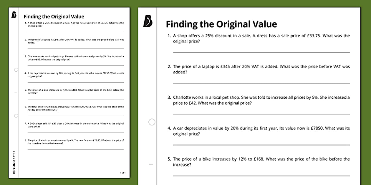 Reverse Percentages Worksheet: Find the Original Value