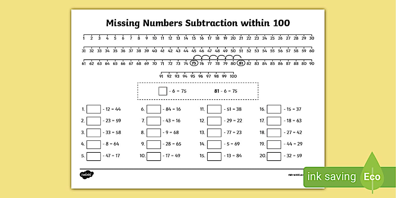 Missing Numbers Subtraction within 100 Worksheet - Twinkl
