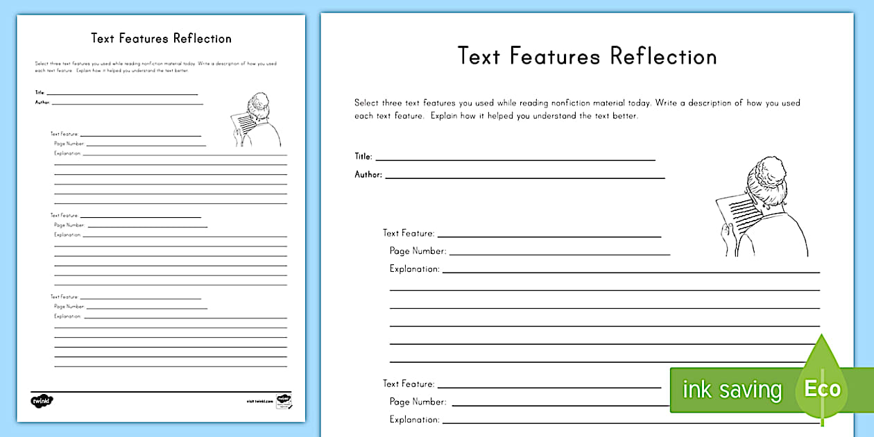 Text Features Reflection Worksheet for 3rd-5th Grade