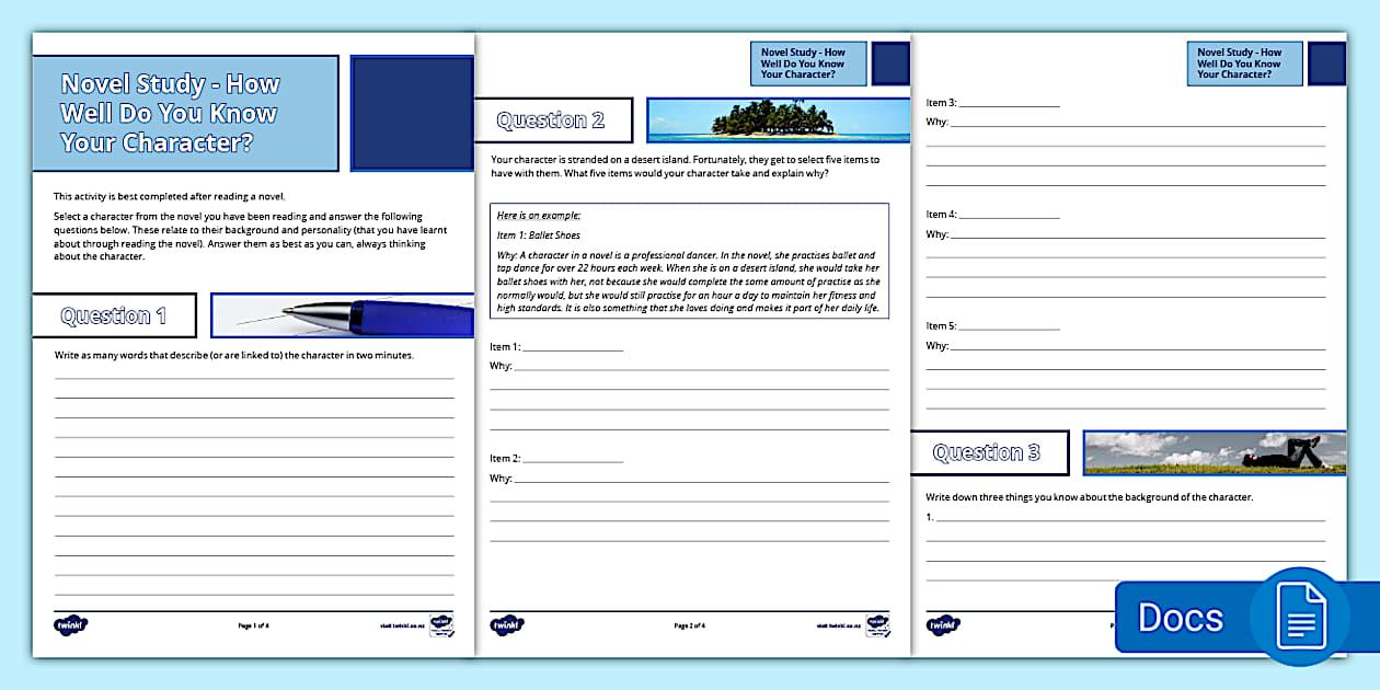 Year 7 and 8 Novel Activity - How Well Do You Know Your Character Activity?