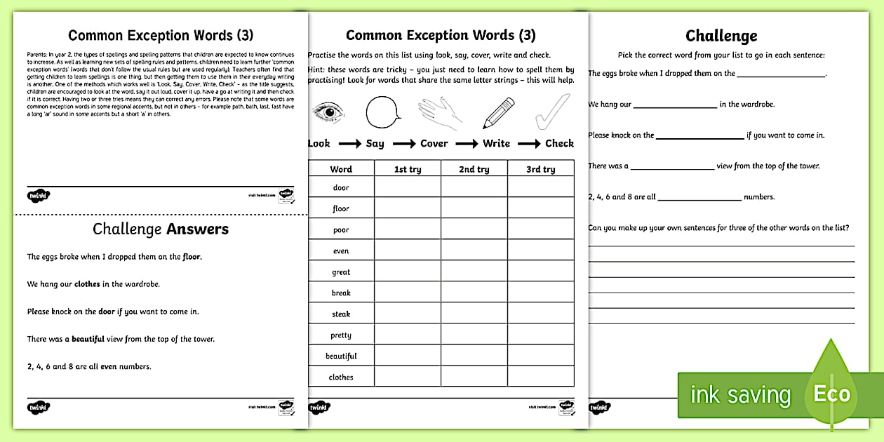 Year 2 Spelling Practice Common Exception Words (3) Homework Worksheet