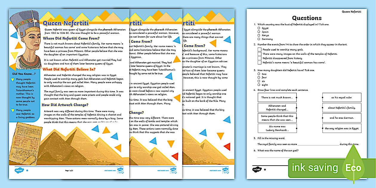 LKS2 Queen Nefertiti Reading Comprehension Activity - Twinkl