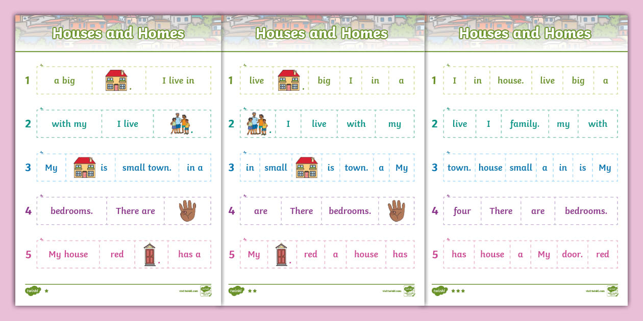 Houses and Homes Sentence Building Activity Sheets - Twinkl
