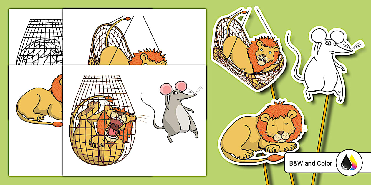 The Lion and the Mouse Stick Puppets (teacher made) - Twinkl