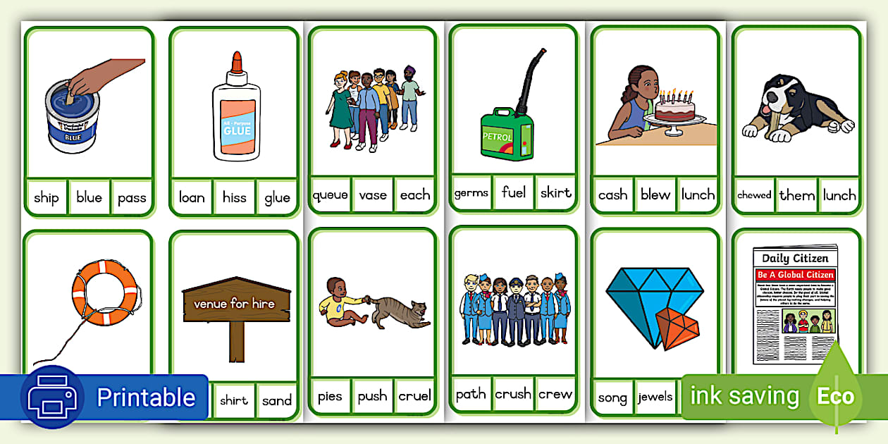 Grade 3 Phonics: ue and ew Sound Peg Card Activity - Twinkl