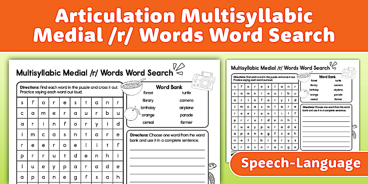 Articulation Multisyllabic Medial /r/ Words Word Search