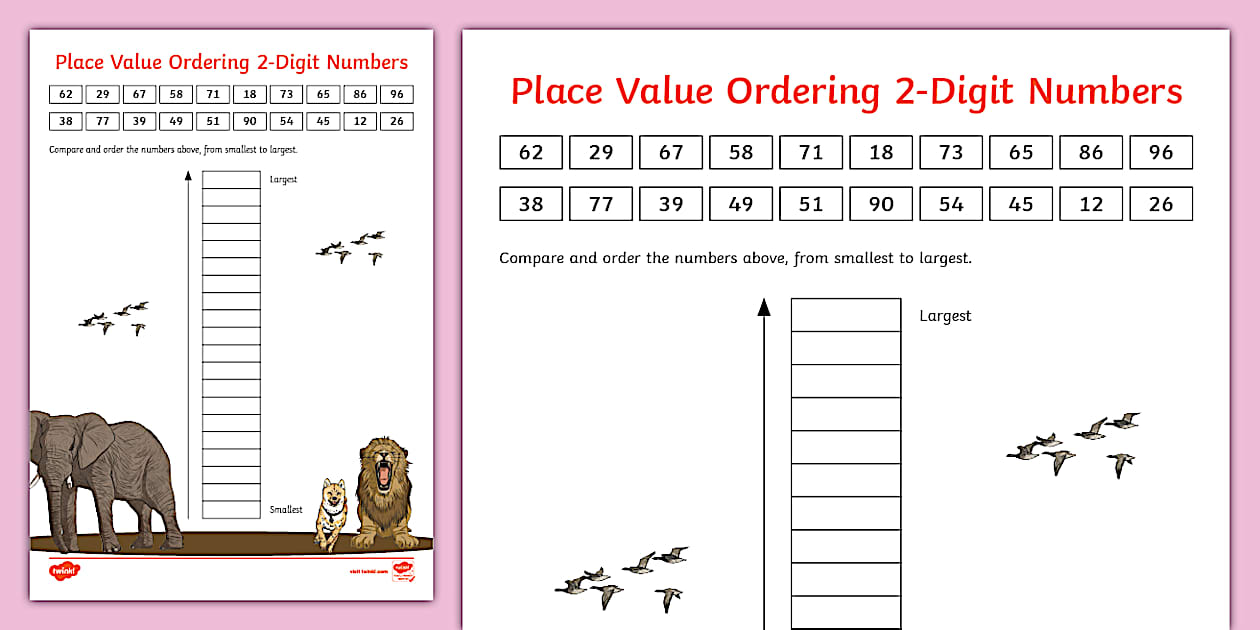 Animal-Themed Place Value Ordering 2-Digit Numbers Sheet