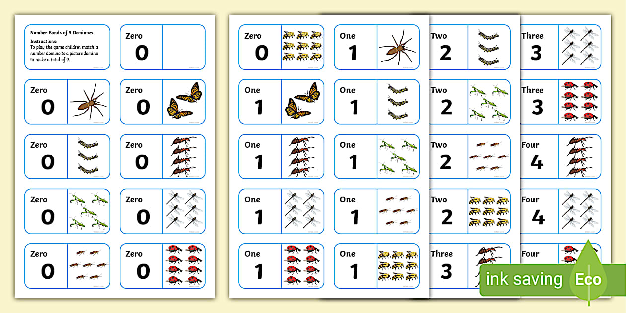 Number Bonds to 9 Dominoes (teacher made) - Twinkl