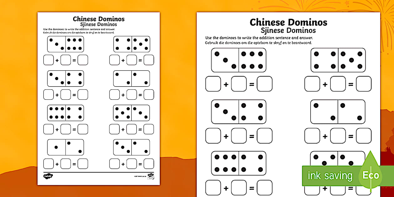 Grade R Addition - Worksheet: Chinese New Year Domino Up to 10
