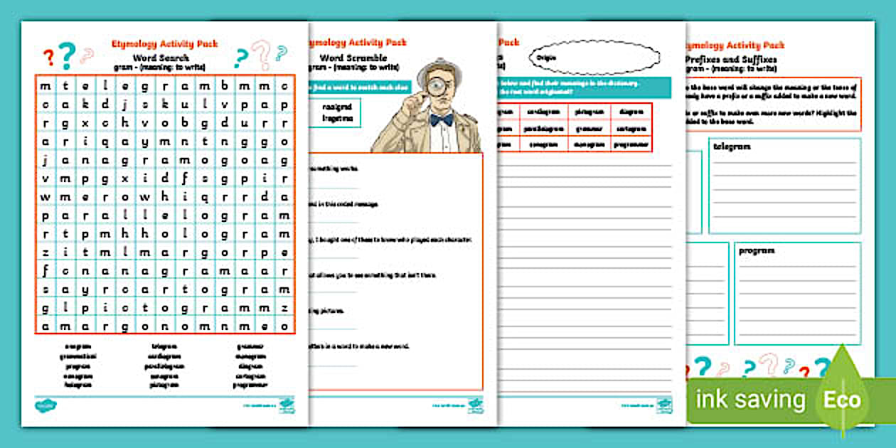 Etymology Activity Pack for the root word - gram - Twinkl